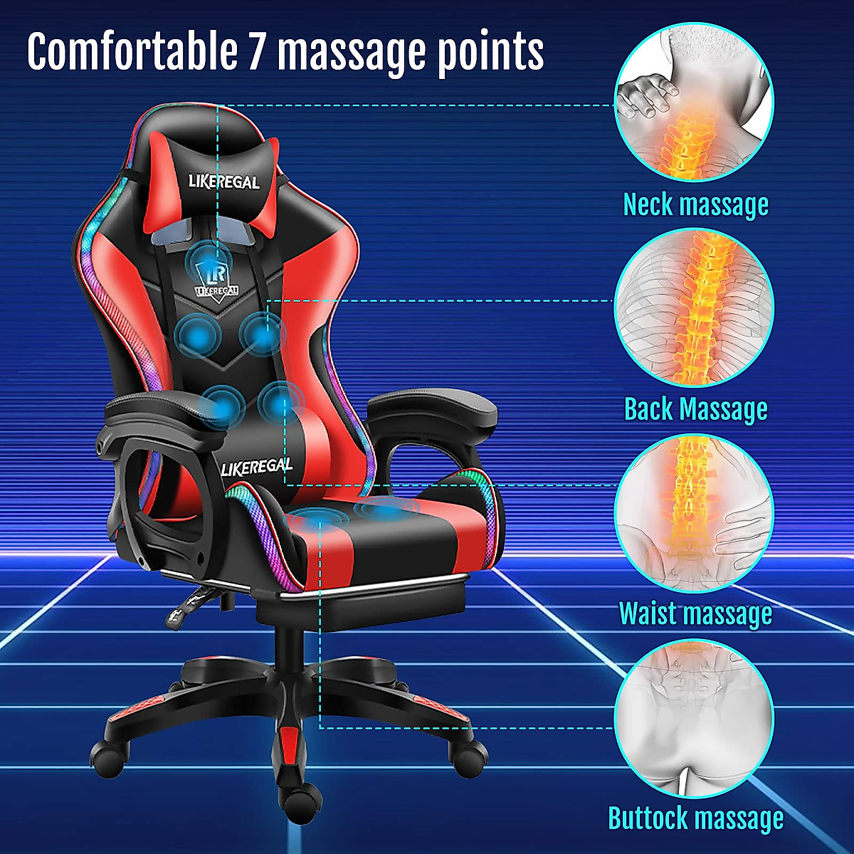Floor Gaming Chair-135°Reclining Adjustment Gaming Chairs for Adults, with Massager Lumbar Support and Telescopic Footrest Ergonomic Office Chair, Race Game Chair (Black red)