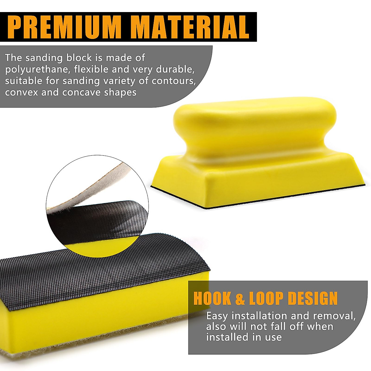 VIBRATITE 9 PCS Contoured Profile Hand Sanding Block, 4 Inch Hand Sander Block Interchangeable Assorted Convex & Concave Shapes with 45 Sheet Assortment Sandpaper for Auto Body, Woodworking, Furniture