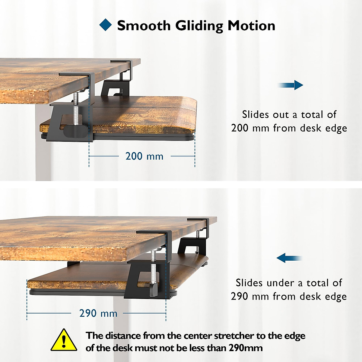 BONTEC Keyboard Tray Under Desk, Pull Out Keyboard & Mouse Tray with C-clamp, 25.6 Excluding Clamps (30 Including Clamps) x 11.8 Inch Steady Slide-Out Computer Drawer for Typing, Rustic Brown