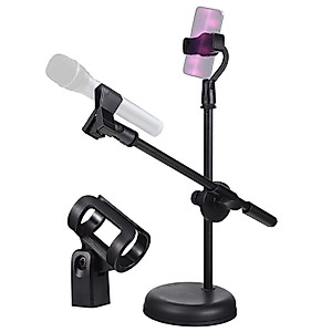MILISTEN Microphone Stand Desk, Adjustable Mic Stand with Phone Holder, 3 in 1 Microphone Stand with Boom Arm, Cell Phone Clip, 2 Microphone Clips, Universal Mic Stand for Recording, Singing