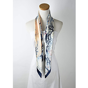 corciova 35 x 35 Large Bandana Women Satin Tie Square Headband Silk Like Hair Scarf Wrap Headscarf Prussian Blue Beige Trees