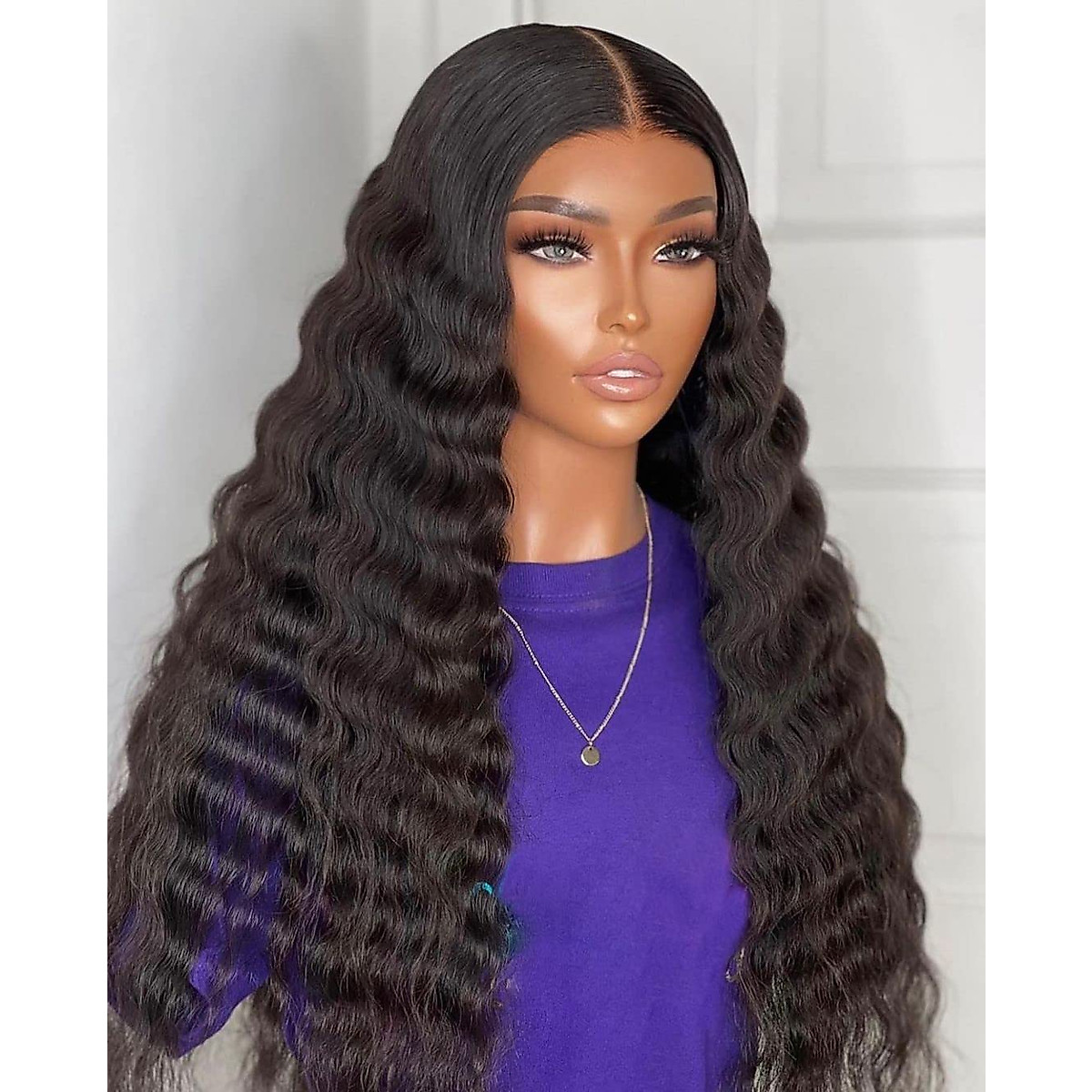 28 Inch Long Curly Synthetic Hair Wigs for Women Black Lace Front Wig Synthetic Curly Wigs Deep Wave Wig with 4" Simulated Scalp Natural Crimps Curls Hair Replacement Wigs for Daily Party Use 1B#