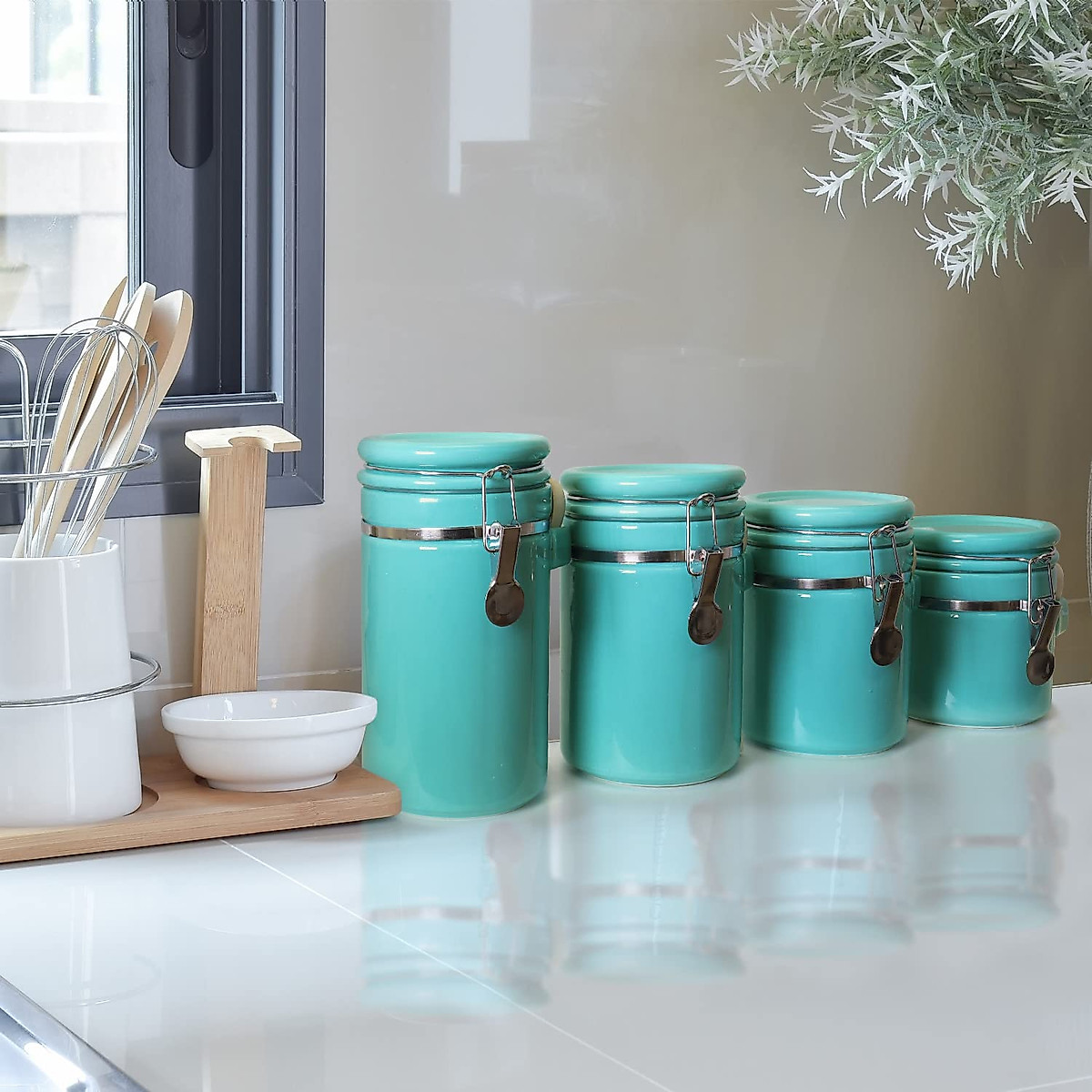 Blue Donuts 4-Piece Canister Sets for Kitchen Counter - Ceramic Airtight Food Storage Containers, Kitchen Canisters with 4 Wooden Spoons, Set of 4-45 Oz, 40 Oz, 33 Oz, 25 Oz, Turquoise