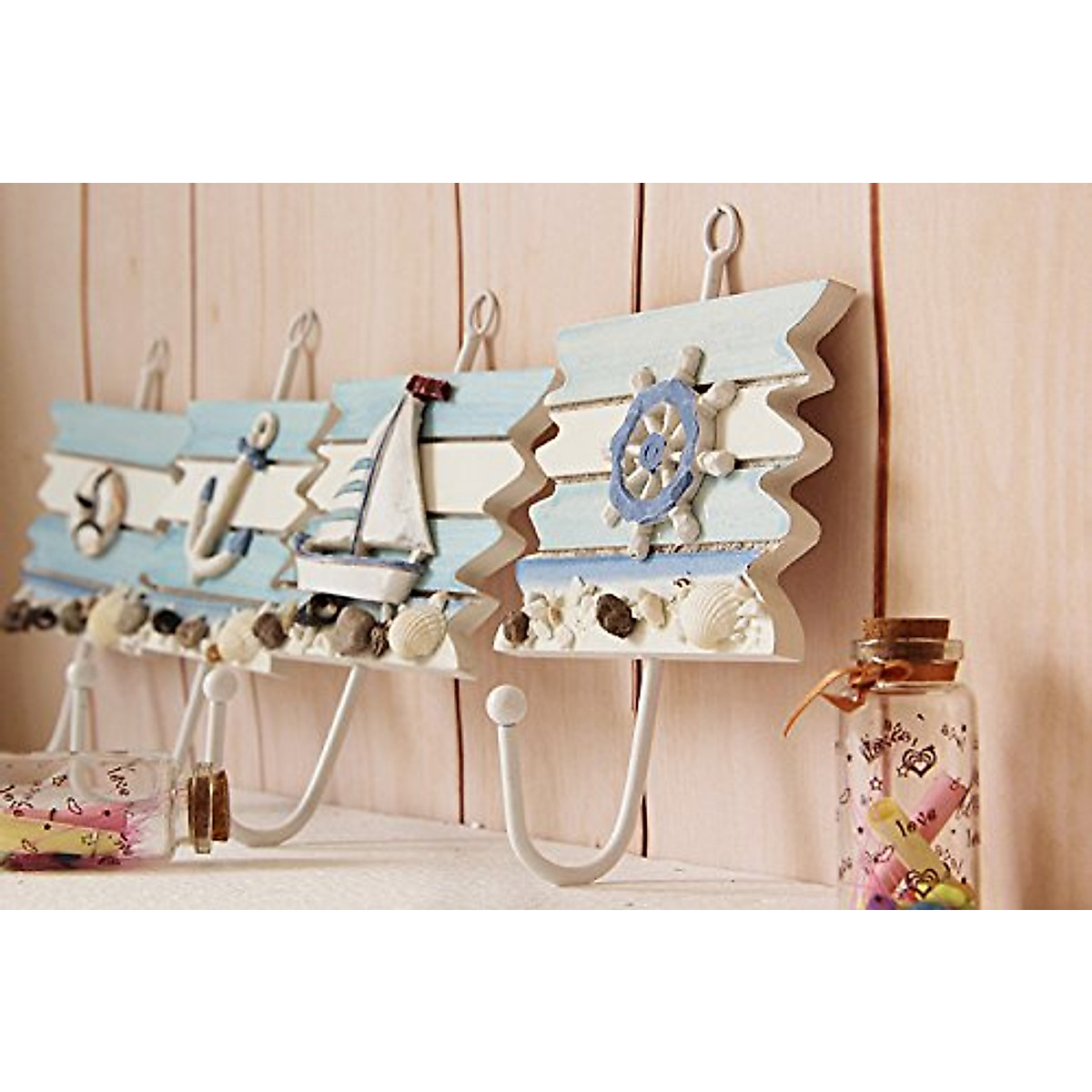 OLizee® Beach Themed Wall Hooks Towel Hat Coat Hangers Rustic Wall Decorations (Set of 4 Hanger)