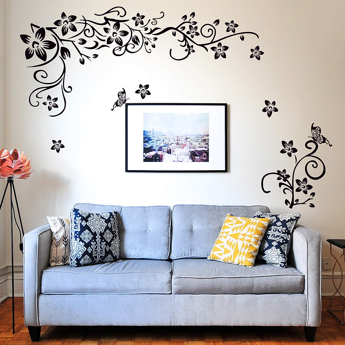 RW-027 Removable Black Vinyl Flower Vines Wall Decal Butterfly Wall Stickers Floral Wall Decor 3D Peel and Stick Art for Girls Bedroom Nursery Living Room Kids Babys Rooms Classroom Wall Decoration