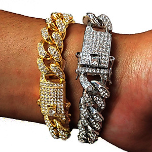 Halukakah Diamond Cuban Link Chain for Women 13.5MM Platinum White Gold Finish Bracelet 7",Full Cz Diamond Cut Prong Set,with Giftbox