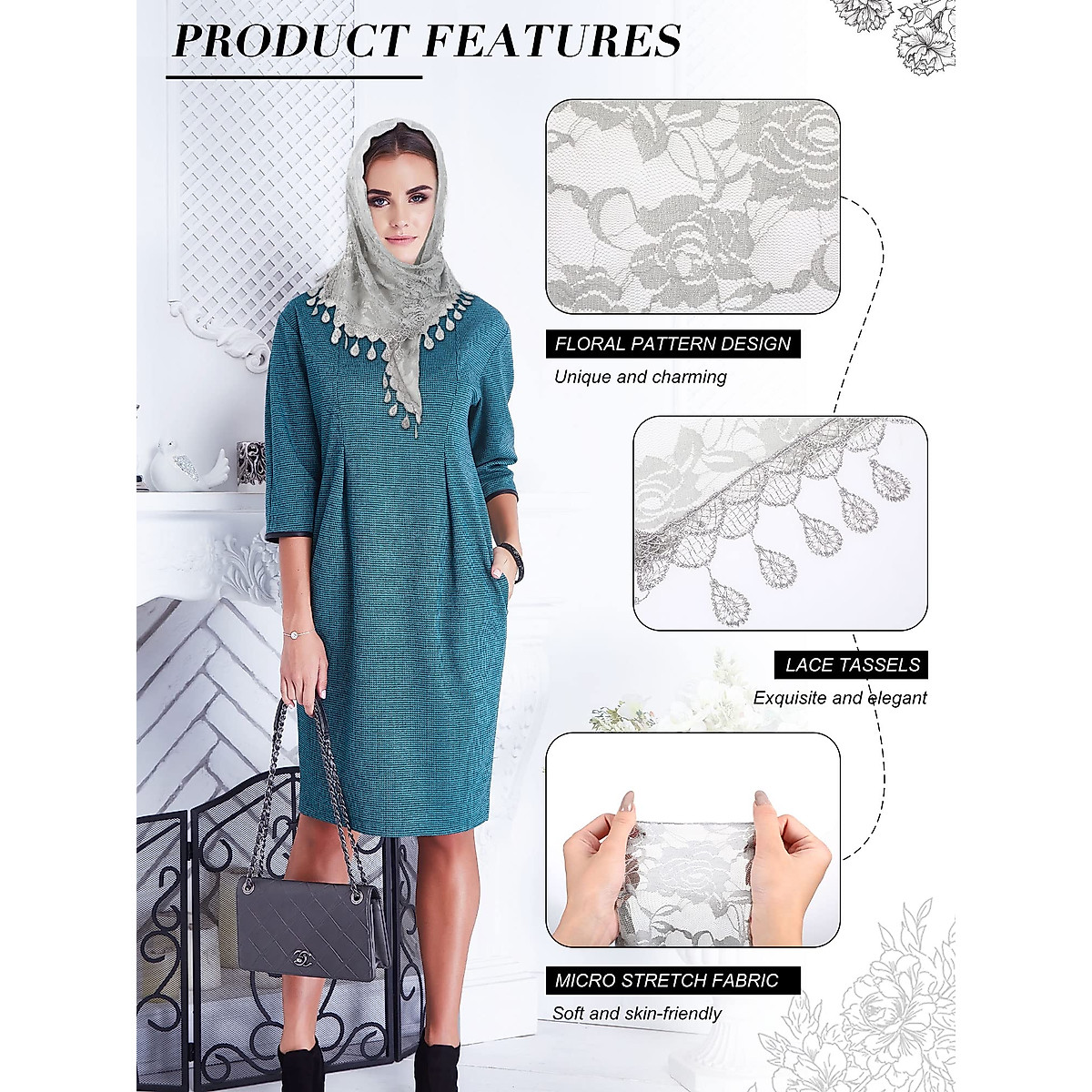 Zhanmai 6 Pieces Triangle Women Church Veil Lace Mantilla Wedding Shawl Catholic Floral Scarf Catholic Cover for Cathedral