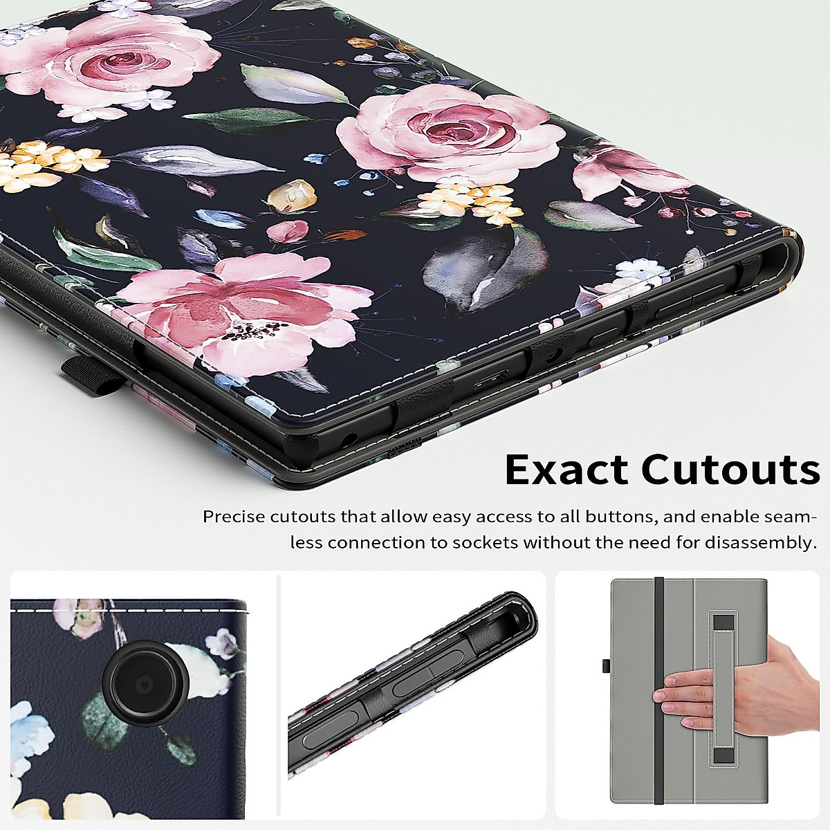 ANNAPRO Case for Amazon Kindle Fire HD 10 Tablet (ONLY Fit 11th Generation 2021 Release) & Fire HD 10 Plus Tablet - Slim Folding Stand Folio Cover with Auto Wake/Sleep and Hand Strap, Peony