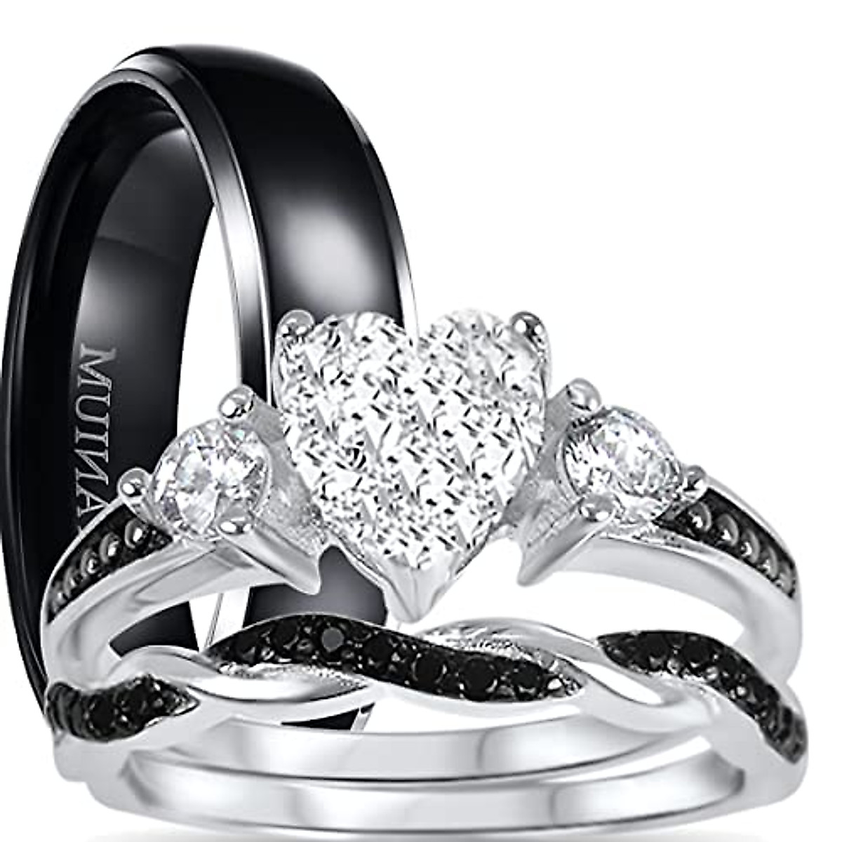 LaRaso & Co His and Hers 3 Piece Trio Sterling Silver Black Wedding Band Engagement Ring Set