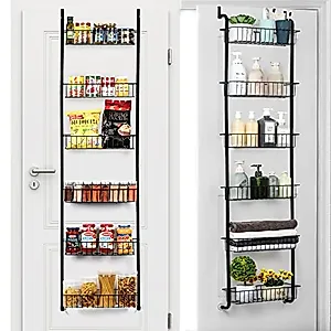 6-Tier Over the Door Pantry Organizer Rack, Hanging Storage Metal Rack with 6 Baskets, Door Organization Kitchen Spice Rack, for Kitchen Bathroom Bedroom(Black)
