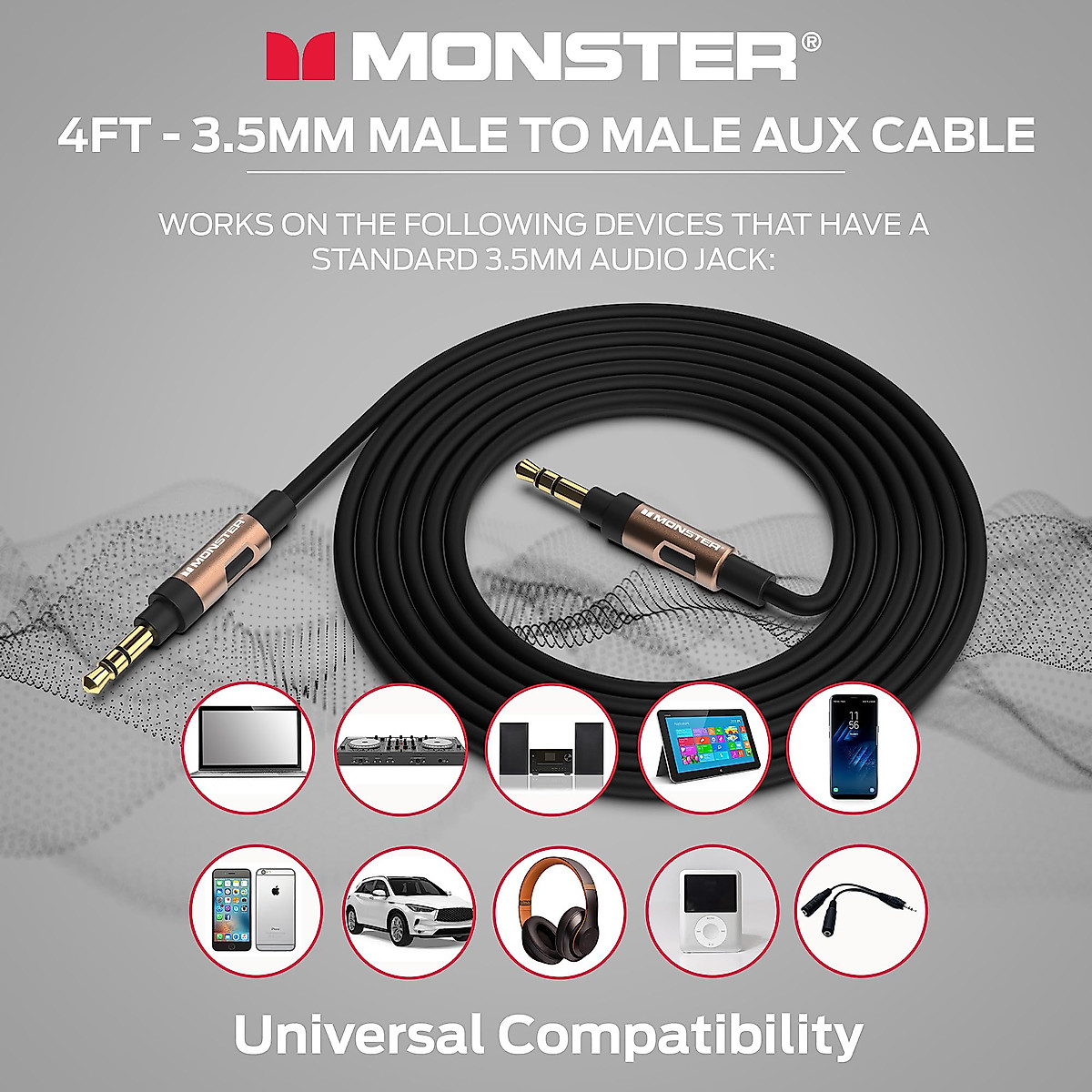 Monster Male to Male Aux Cord Premium 3.5mm Audio Cable - Auxiliary Cord for Car, Headphone Cable, Audio Jack, iPod Cable, and Stereo Cable, 4FT
