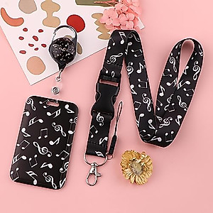 JUDODUCK Black Music Note ID Lanyard with Retractable Badge Holder Clip Detachable Key Card Holder Teacher Lanyard for ID Badges Art School Student Gifts
