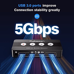 Rybozen USB 3.0 Switch 4 Ports for 4 PC 4 Inputs 4 Outputs USB Switch for Printer Keyboard Mouse Stick USB Hard Drive External Scanner, with Remote Control…