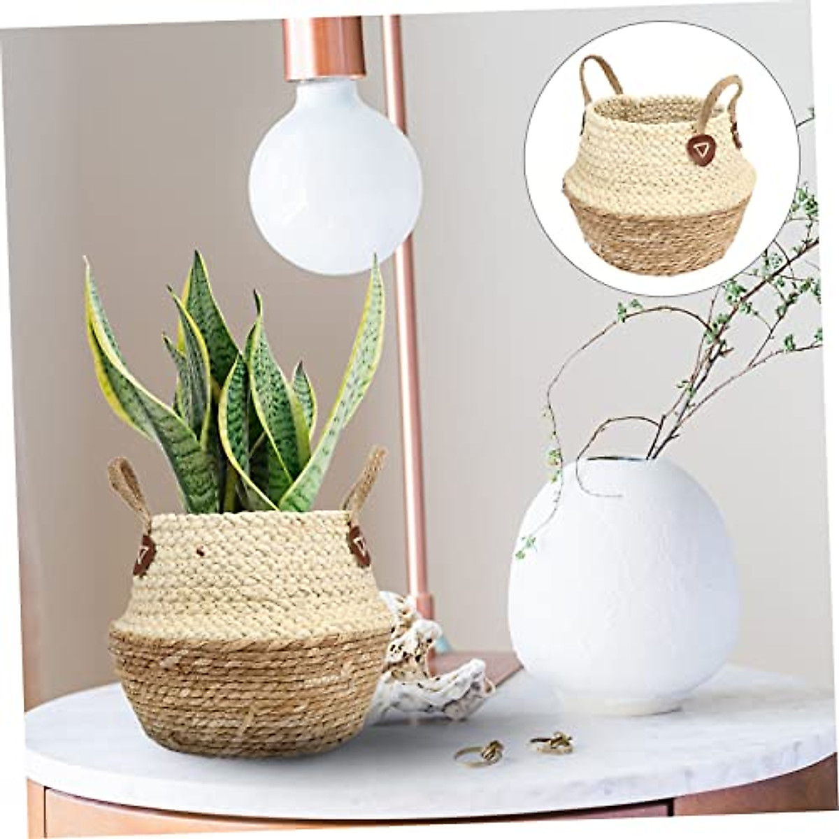 OFFSCH Woven Basket Woven Hamper Woven Storage Baskets Kids Basket Seagrass Belly Basket Seagrass Planter Woven Baskets Home Flower Basket Portable Basket Straw Flower Basket Beige Grass