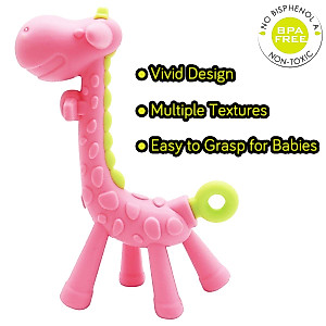 Stand-Up Teething Toys for Babies 0-6 Months 6-12 Months - Teethers with 2 × Baby Fruit Feeders and 4 × Baby Teether - BPA Free/Freezer Free - Different Soft Textures for Infant and Toddlers (Pink)