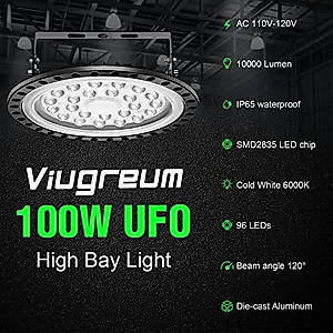 Viugreum 10 Pack 100W UFO LED High Bay Lights, 10000LM 6500K Daylight White Led Bay Light Fixtures, IP65 Waterproof Commercial Warehouse Lighting Workshop Indoor Outdoor Area Light