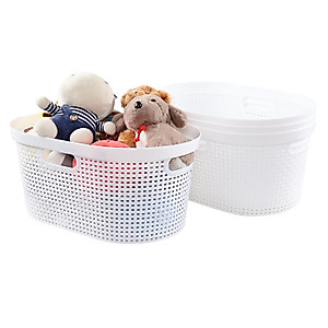 Haodehen Set of 4 Laundry Baskets, 40 L Plastic Storage Hamper with Cut-Out Handles, White