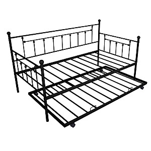 CALABASH Twin Size Daybed and Trundle Frame Set, Metal Frame with Pull Out Trundle for Teens Kids Adults for Living Room Bedroom Room (Black)