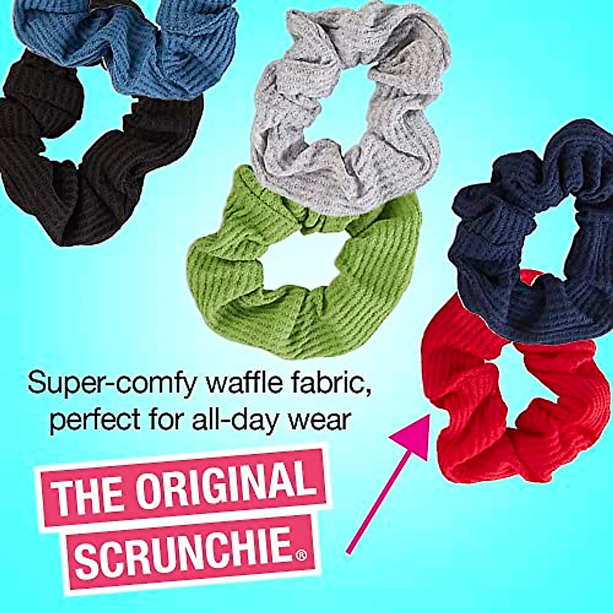 Scunci by Conair The Original Scrunchie Waffle Knit Scrunchies in Navy, White, Red, Blue, Grey and Black, Hair Ties for Women, 6 Count