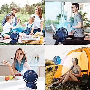 Portable Clip on Fan 65 Working Hours, Camping Fan with LED Lights & Hook, 12000 Capacity Battery Operated Fan with Clamp, USB Rechargeable Fan for Desk, Tent, Treadmill, Stroller, Golf Cart, Home