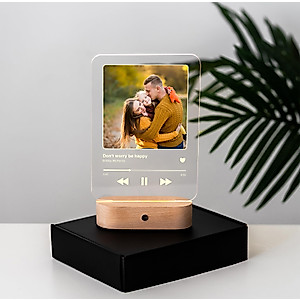 SHO VAVAS Personalized Acrylic Plaque with Wood Base, Playlist Picture Frame with LED Light, Custom Music Plaque with Photo, Christmas, Birthday Gift for Couple, Romantic Gifts for Her Him (Music Version 1)