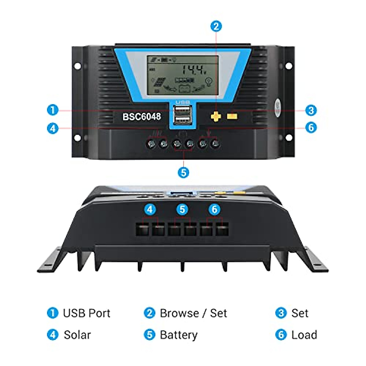PowMr 60A PWM Solar Controller, 12V 24V 36V 48V Auto with LCD Display, Dual USB Output Charge Controller for AGM, Gel, Flooded, Lead-Acid and Lithium Battery