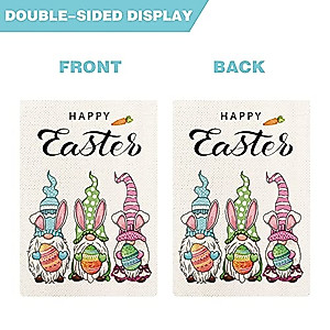 YOVOYOA Happy Easter Rabbit Bunny Gnomes Garden Flag 12.5 x 18 Inch Double Sided Welcome Pees Easter Eggs Flag, Easter Farmhouse Decor