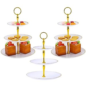 RAUVOLFIA 3 Pack 3 Tier Cupcake Stand, Plastic Tiered Serving Stand, Dessert Tray for Tea Party, Baby Shower and Wedding (White)