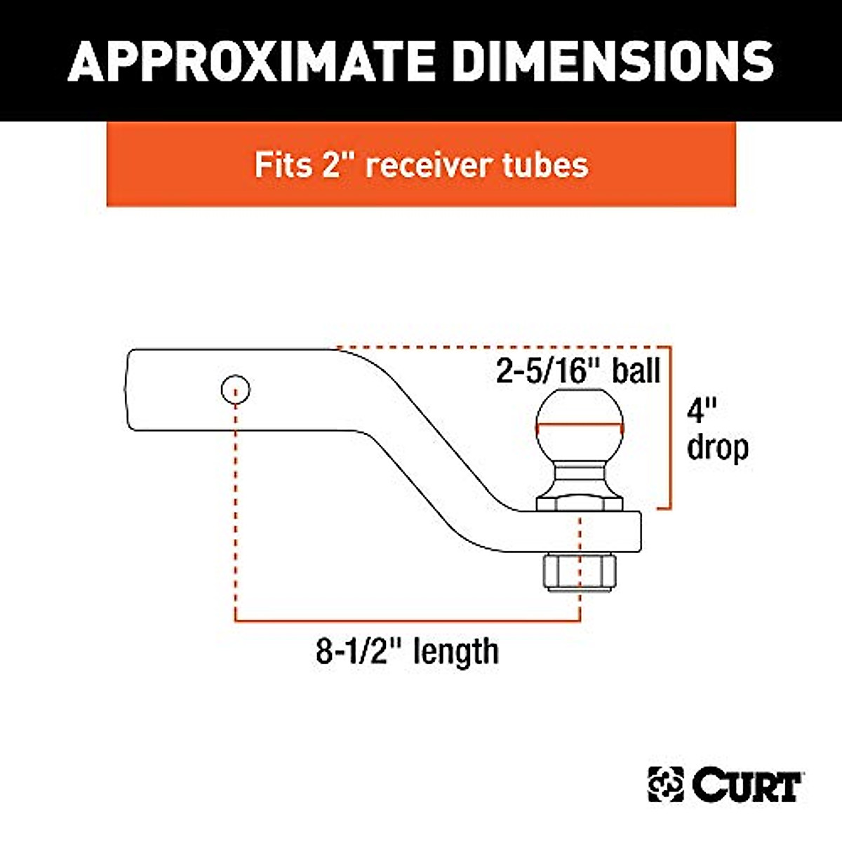 CURT 45332 Trailer Hitch Mount with 2-5/16-Inch Ball & Pin, Fits 2-Inch Receiver, 15,000 lbs, 4-Inch Drop