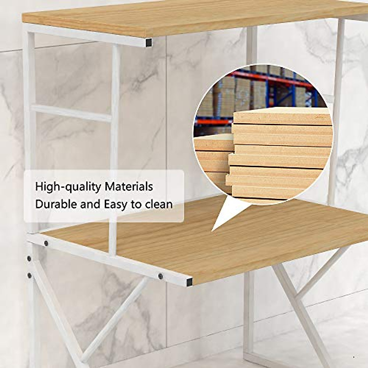 2 Tier Kitchen Countertop Microwave Oven Unit Shelving Stand Rack for Household Storage Organizer, Home Office Desktop Shelf Printer Rack Free Standing Metal Frame Wood Tabletop (Light Walnut)