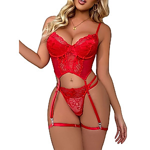 WDIRARA Women's 3 Piece Floral Lace Underwire Garter Lingerie Bra and Thong Set Red M