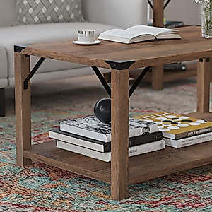 Flash Furniture Wyatt Modern Farmhouse Wooden 2 Tier Coffee Table with Metal Corner Accents and Cross Bracing, Set of 1, Rustic Oak