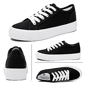 Women's White Platform Sneakers Black Platform Tennis Shoes Casual Lace up Fashion Sneakers Canvas Walking Flat Shoes (Black,US8)