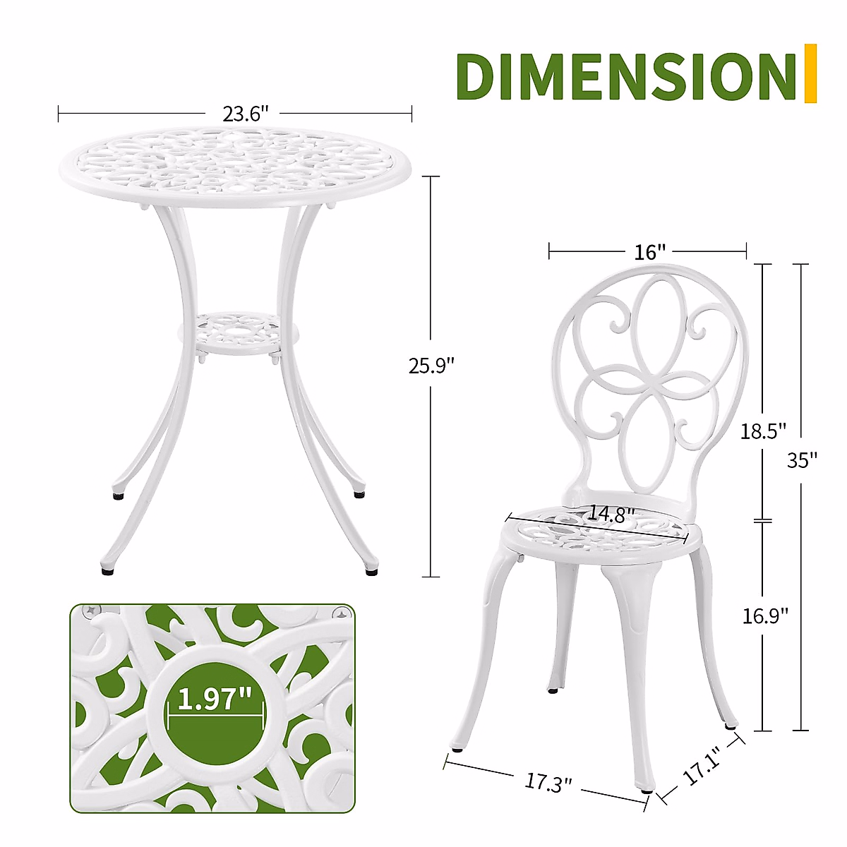 Withniture Outdoor Patio Bistro Set 3 Piece All Weather Bistro Table and Chairs Set of 2 with Umbrella Hole,Cast Aluminum Outdoor White Bistro Set, Patio Furniture Set for Garden,White