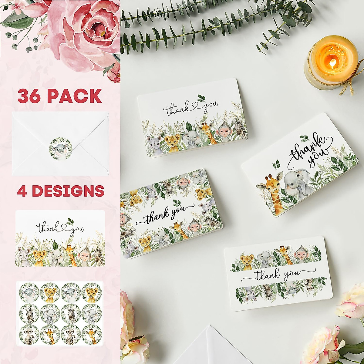 Artoid Mode 36 Pack Giraffe Elephant Thank You Cards Animal Greeting Cards Gift With Envelope Sticker Blank Note Cards for Birthday Wedding Baby Shower Bridal Shower, 4 x 6 Inch