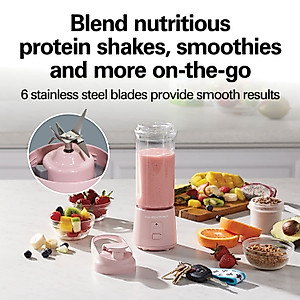 Hamilton Beach Mini Cordless Portable Personal Blender for Shakes and Smoothies, USB Rechargeable, 16 oz. Jar with Leakproof Travel Lid, 6 Stainless Steel Blades, Pink (51181)