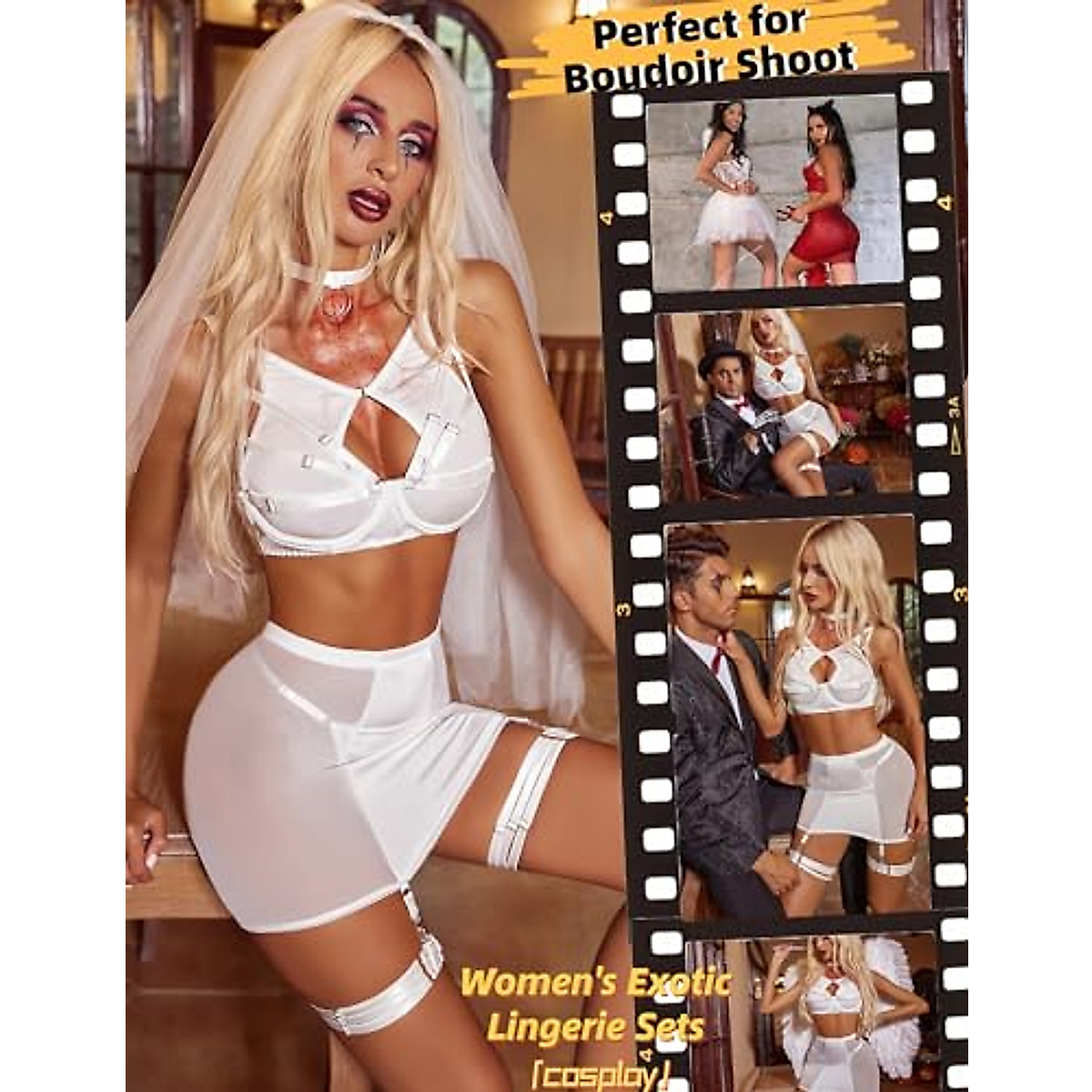 Avidlove Sexy Stripper Outfits Secy Lingerie Outfits Plus Size Lingerie for Women White Lingerie for Women Bridal Cutout Dresses for Women 6Pc Strappy Cutout Sheer Stretchy Lingerie Sets for Women Sex