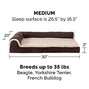 Furhaven Medium Cooling Gel Foam Dog Bed Two-Tone Faux Fur & Suede L Shaped Chaise w/ Removable Washable Cover - Espresso, Medium