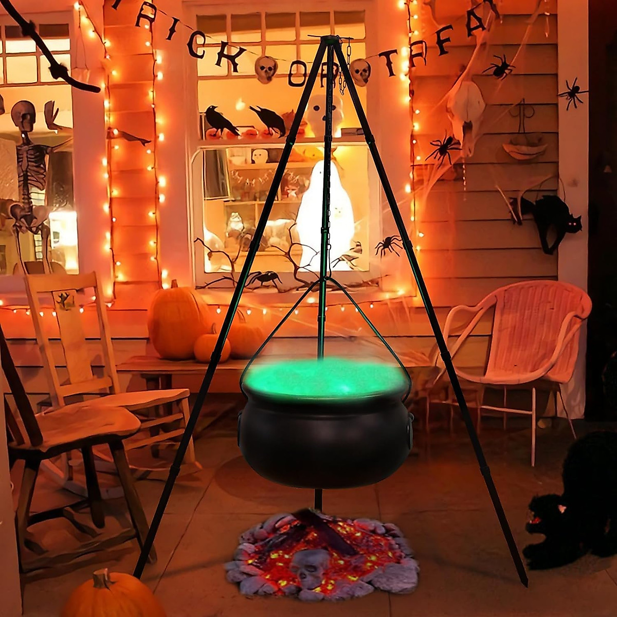 Halloween Decorations Outdoor - Witches Cauldron on Tripod with Lights - Black Plastic Cauldron Candy Bucket Decoration for Yard Home Porch Outside