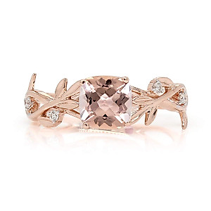 GEMVIO Collection Cushion Cut 6MM Morganite Solitaire Gemstone & Diamond Accent Vine Leaf in 14k Rose Gold Over Sterling Silver Engagement Promise Statement Wedding Ring(0.83Cttw) Size-7
