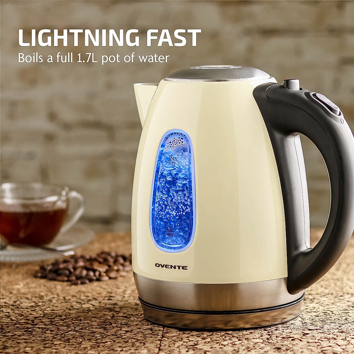OVENTE Electric Kettle Stainless Steel Instant Hot Water Boiler BPA Free 1.7 Liter 1100 Watts Fast Boiling with Cordless Body and Automatic Shut Off Safe and Perfect for Tea Coffee Milk, Beige KS96BG