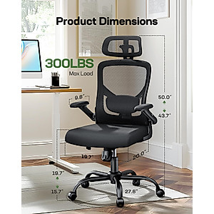 Marsail Ergonomic Mesh Office Chair High Back Desk Chair Adjustable Lumbar Support with Headrest Flip-Up Liftable Arms Swivel Computer Task Chair for Big and Tall People