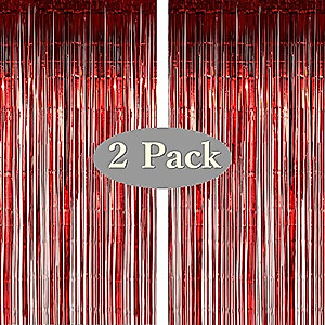 Twinkle Star Photo Booth Backdrop Foil Curtain Tinsel Backdrop Environmental Background for Birthday Party, Wedding, Graduation, Christmas Decorations (2 Pack, Red)