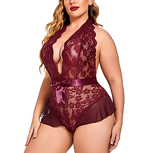 Avidlove Women's Plus Size Lace Babydoll Bodysuit One Piece Lingerie Sexy Halter Teddy Dark Red 18 Plus