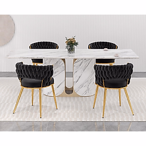 KCC Velvet Dining Chairs Set of 2, Gold Modern Dining Chair with Metal Legs, Woven Upholstered Dining Chairs for Dining Room, Kitchen, Vanity, Living Room (Black)