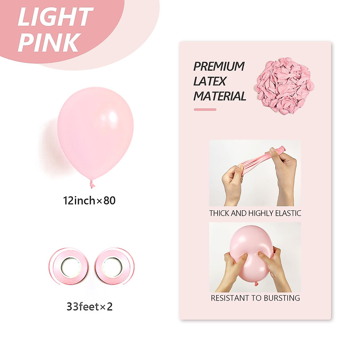 80pcs Light Pink Balloons 12inch Pastel Pink Balloons for Birthday Bridal Baby Shower Gender Reveal Wedding Party Decorations (with Pink Ribbon)