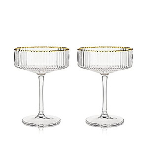 Viski Meridian Vintage Coupe Glasses, Art Deco Champagne Coupe Glassware, Gold Rimmed Stemmed Drinkware Set of 2, 11.5 oz