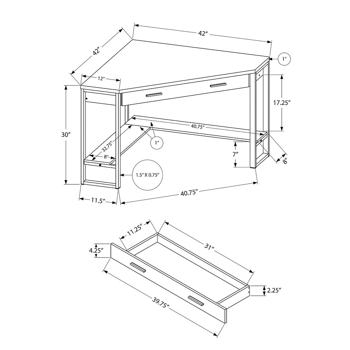 Monarch Specialties Corner Desk with Storage and Shelf Laptop PC Study Table-Workstation for Home Office, 42" L, Grey Reclaimed Wood Look