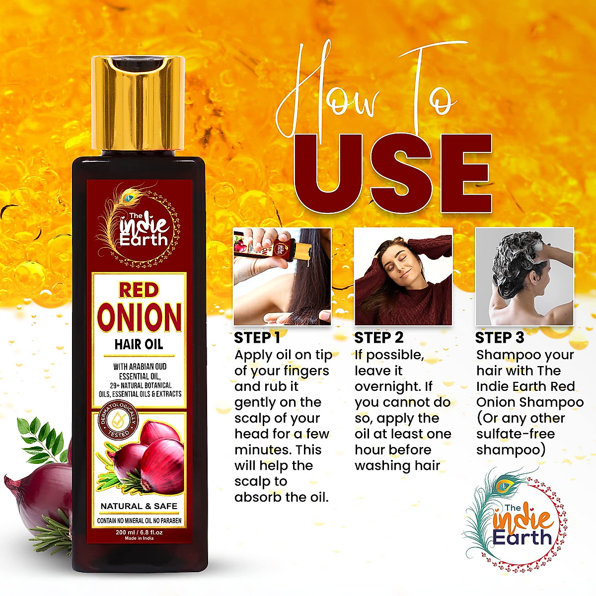 Red Onion Hair Growth Oil - Anti Hair Fall Enriched with 29+ Natural Herbs, Extracts & Oils Including Argan, Jojoba, Rosemary & Black Seed - 200ml