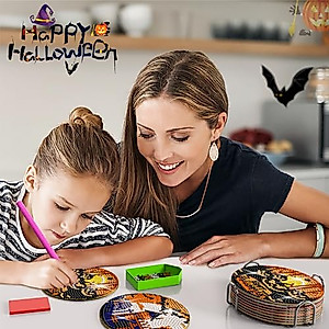 7 FloFairy Diamond Painting Coasters with Holder, Halloween DIY Diamond Art Kits for Beginners, Adults, Kids Small Diamond Painting Kit Art Craft Holiday Supplies (6PCS)
